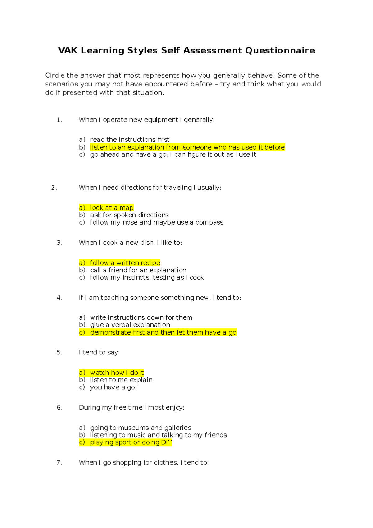 7. VAK Learning Styles Self Assessment Questionnaire - Some of ...