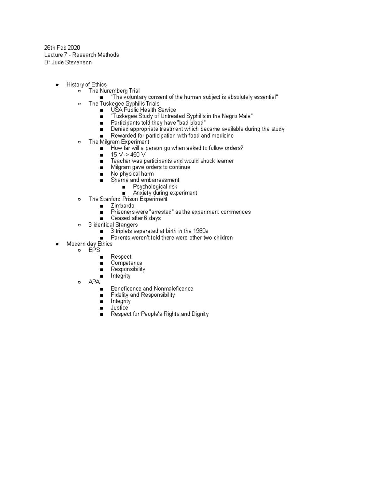 Research Methods Lecture 7 - 26th Feb 2020 - 26th Feb 2020 Lecture 7 ...