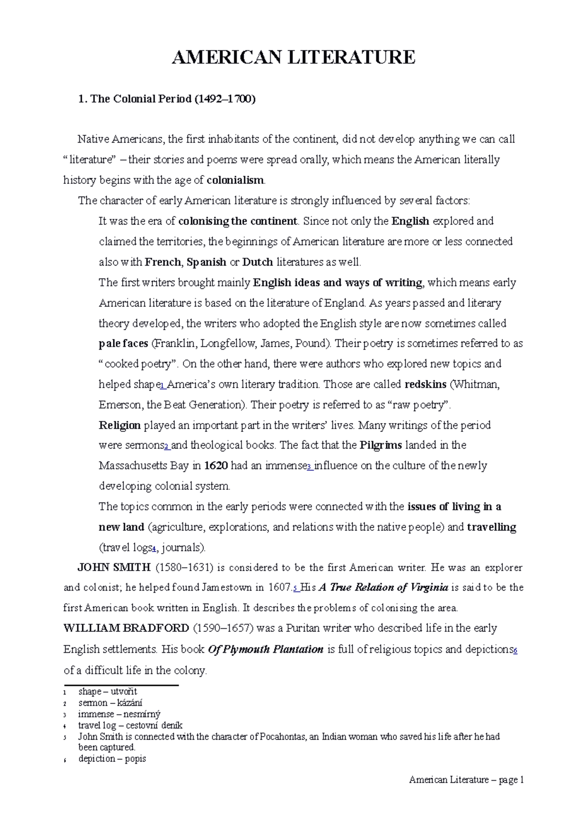 American literature - AMERICAN LITERATURE 1. The Colonial Period (1492 ...