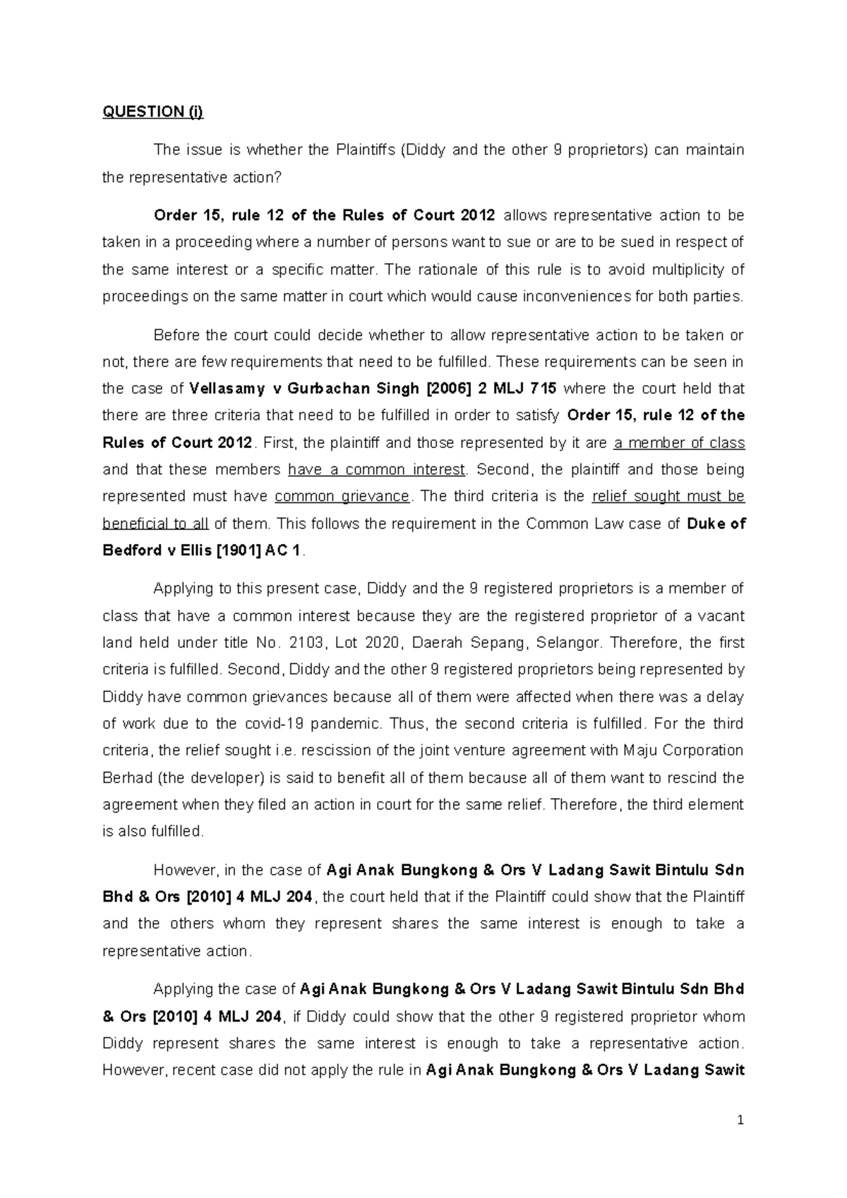 Civil procedure 1 - TEST - QUESTION (i) The issue is whether the ...