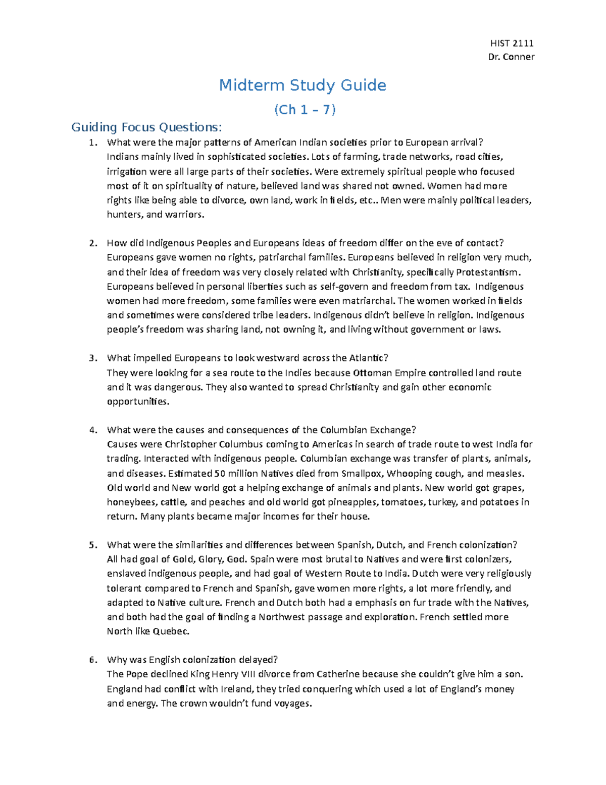 Midterm Study Guide HIST - Dr. Conner Midterm Study Guide (Ch 1 – 7 ...