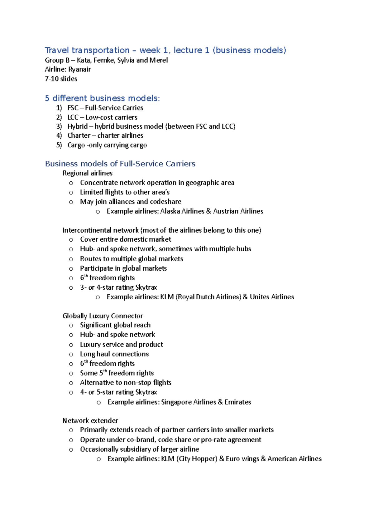 TT - workshop 1 - Travel transportation – week 1, lecture 1 (business ...