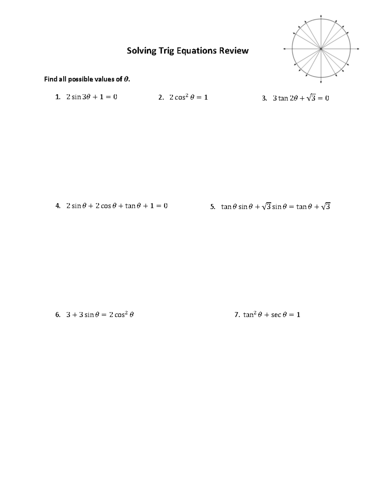 Solving Trig Equations Review - COM 2040 - 1. 2 sin 3 𝜃 + 1 = 0 2. 2 ...