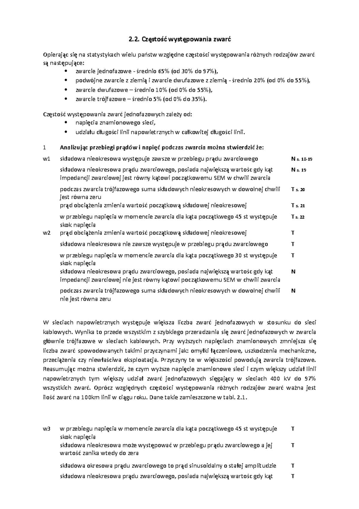 Opracowanie - Zwarcia w systemach elektroenergetycznych wykład - 2. Częstość występowania zwarć ...