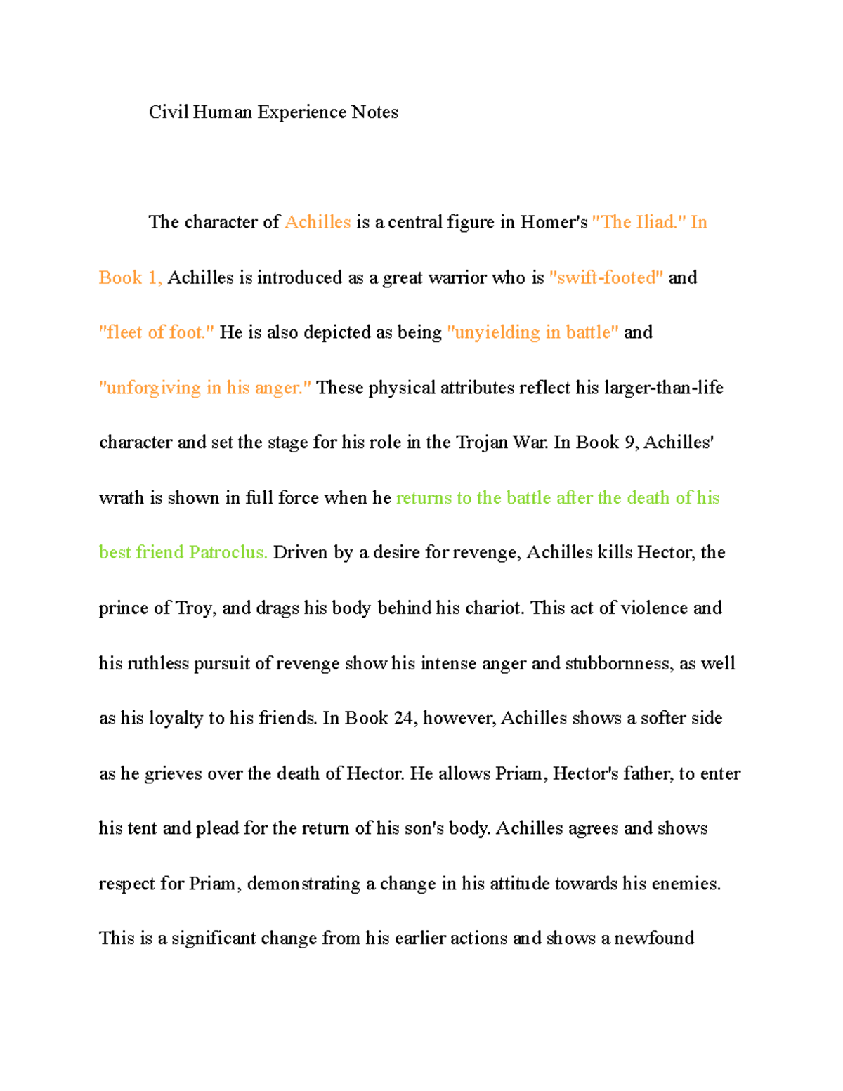 Civil Human Experience Notes - " In Book 1, Achilles is introduced as a ...