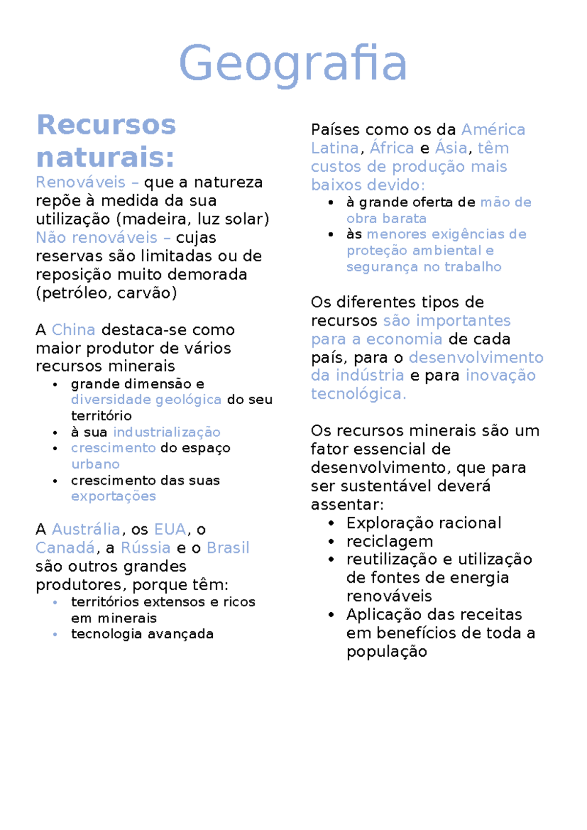 Resumos geografia - Geografia Recursos naturais: Renováveis – que a natureza repõe à medida da ...