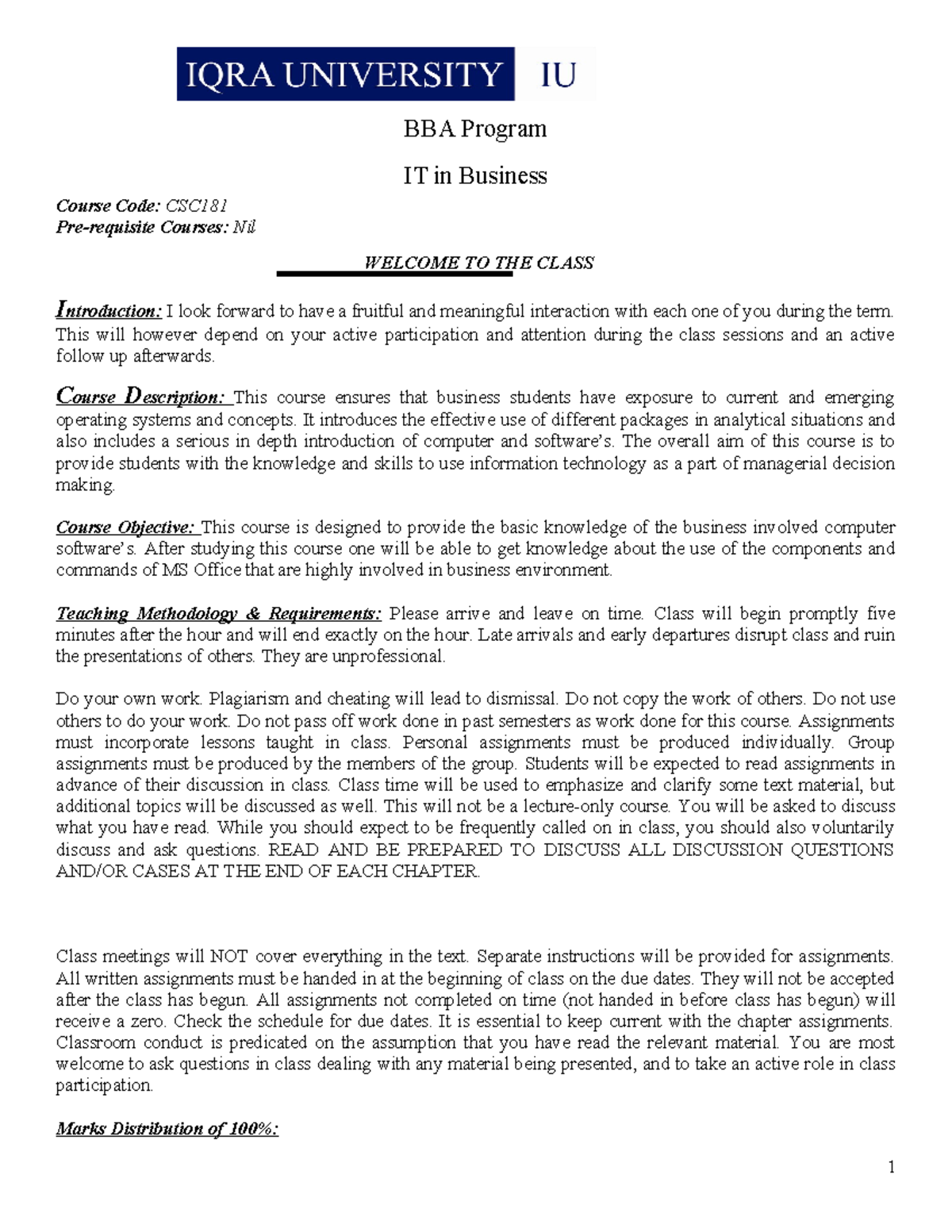 IT in Business Standardization Week-Wise - BBA Program IT in Business Course Code: CSC Pre ...