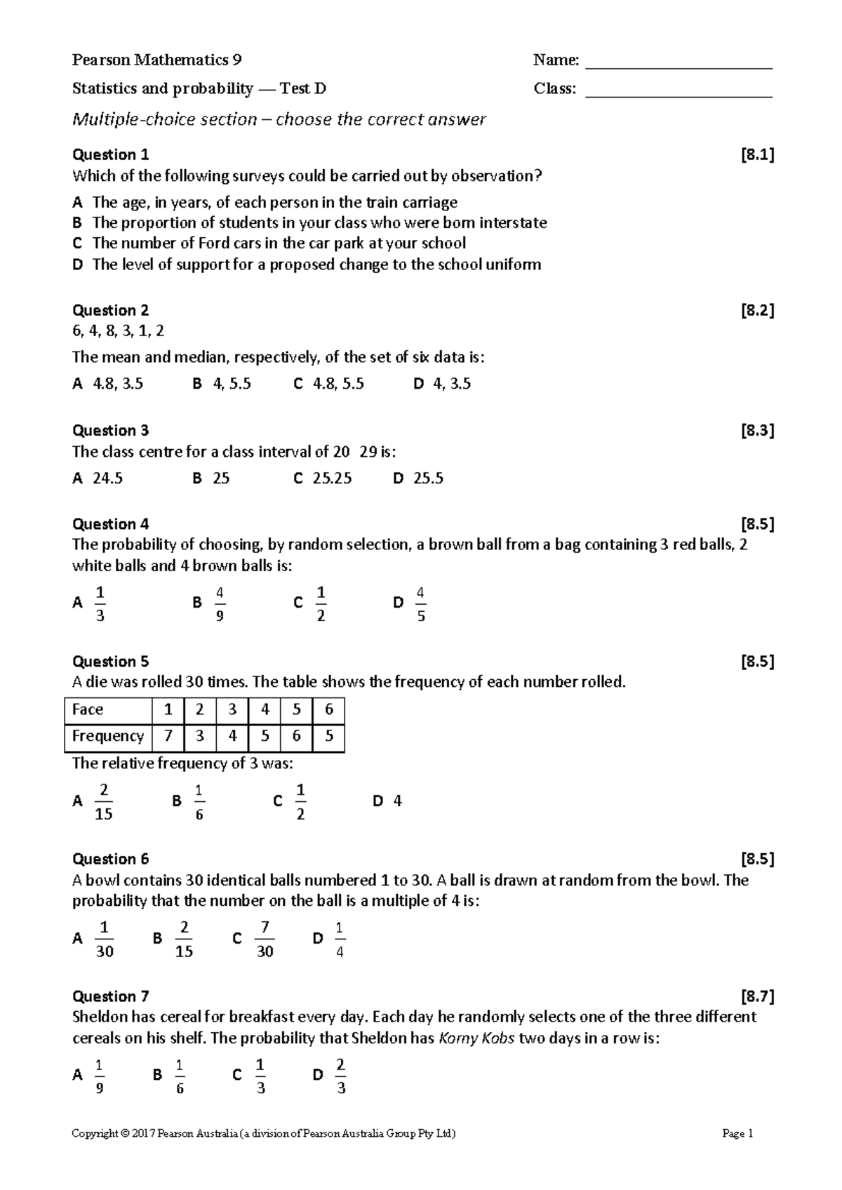 year 9 test , probability - Pearson Mathematics 9 Name ...