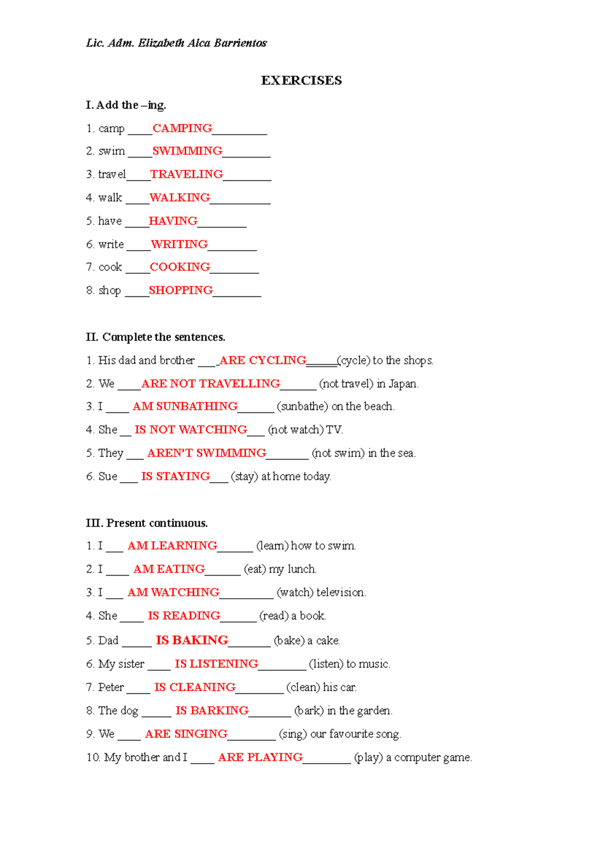 Exercises present continuous - Lic. Adm. Elizabeth Alca Barrientos ...