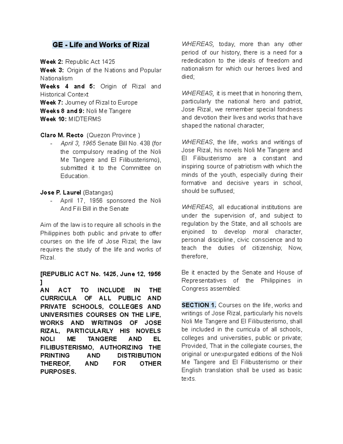LWR - 1 - notres - GE - Life and Works of Rizal Week 2: Republic Act ...