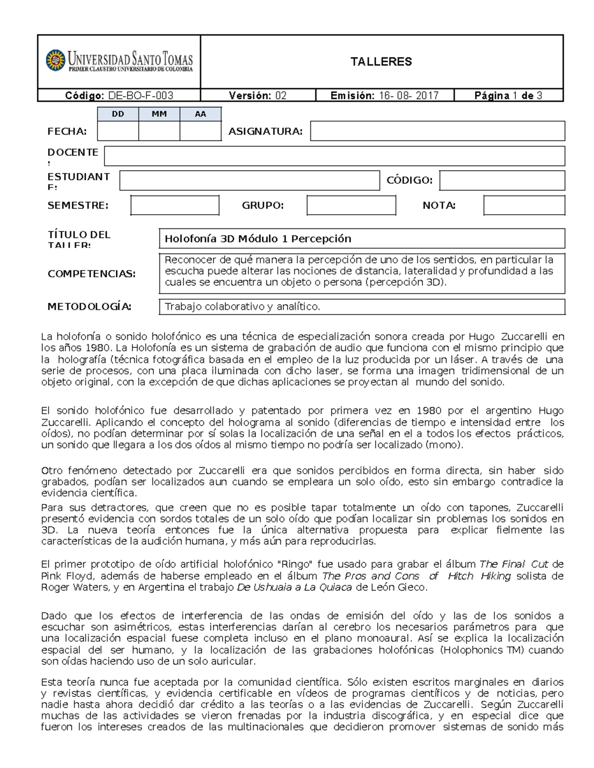 Módulo 1 Guía Holofonía 3D - TALLERES Código: DE-BO-F-003 Versión: 02 ...