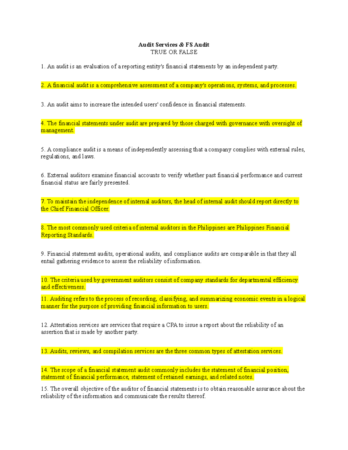 Chapter 2 True or False - AAP (Escala) - Audit Services & FS Audit TRUE ...