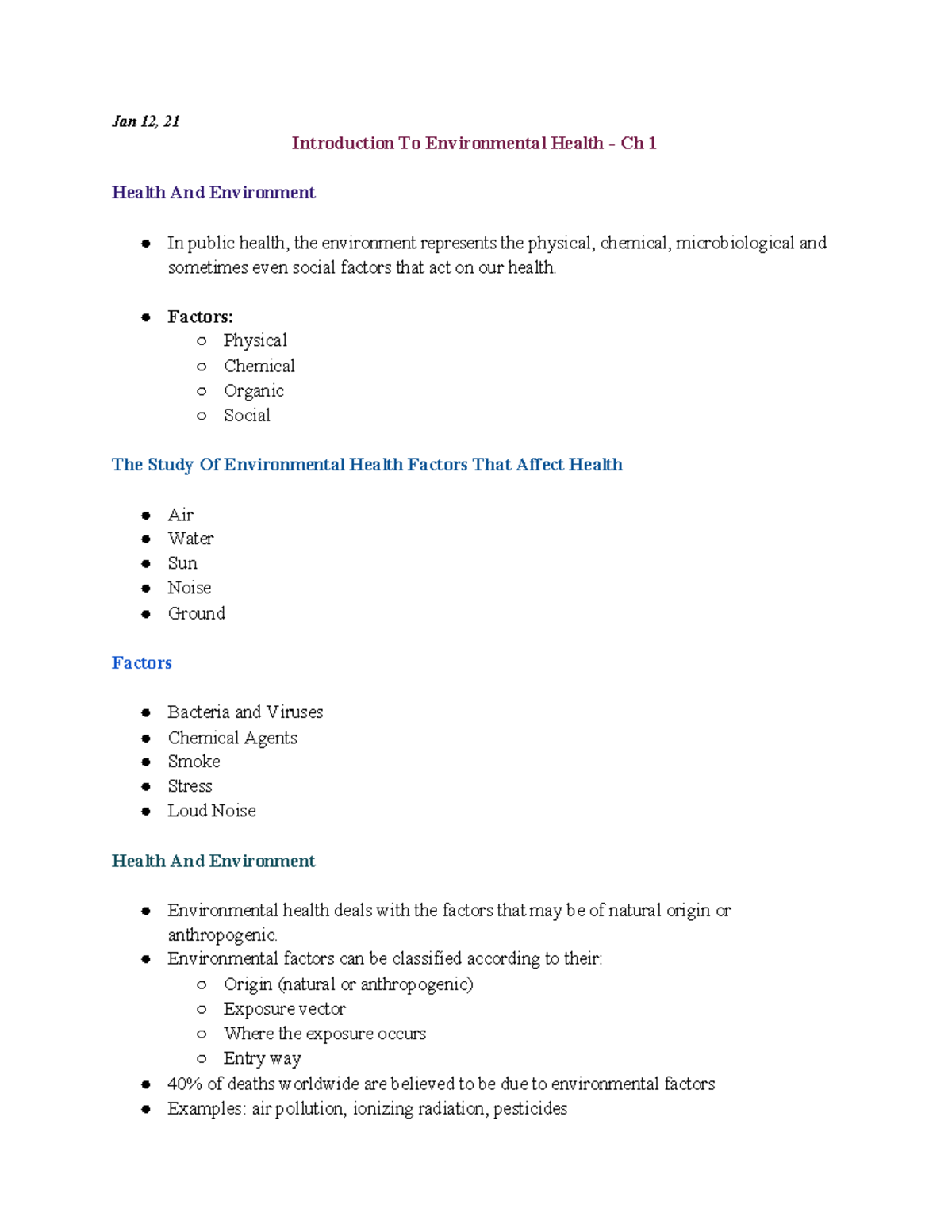 Lecture 1 Intro To Environmental Health - Jan 12, 21 Introduction To ...