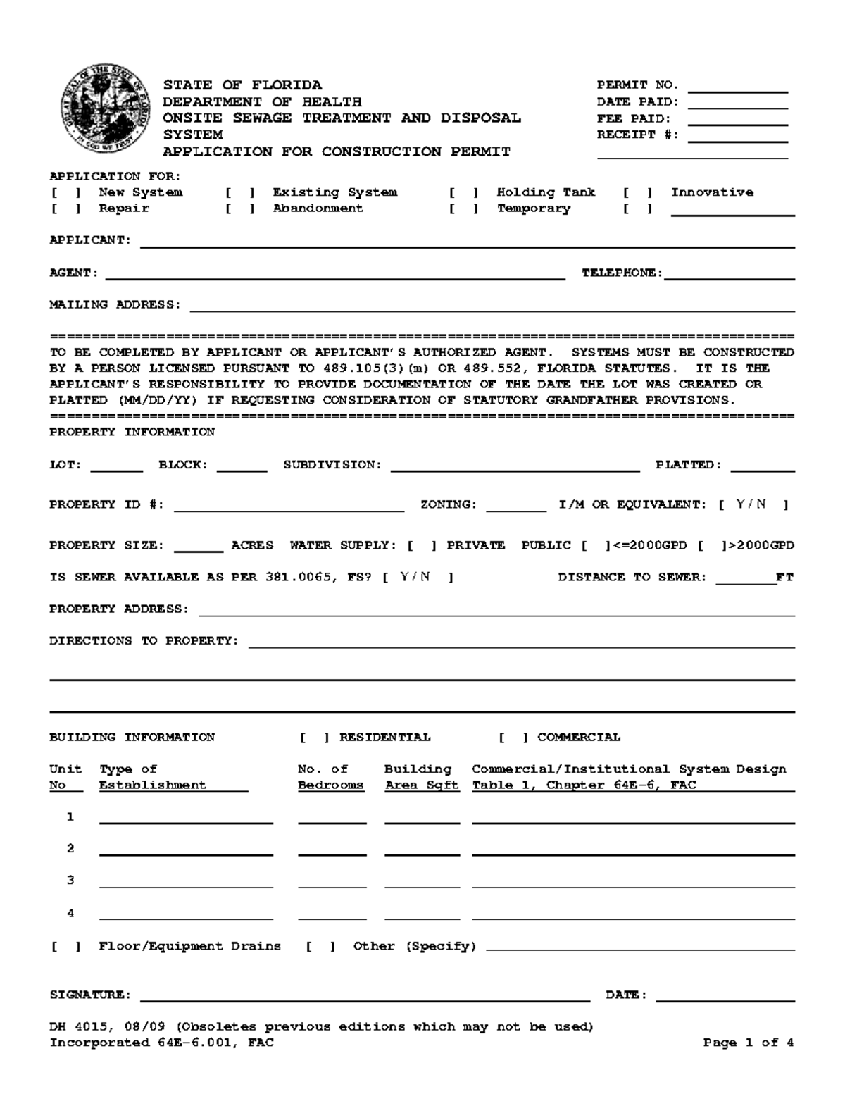 Dh4015 page1 form reader - STATE OF FLORIDA DEPARTMENT OF HEALTH ONSITE ...