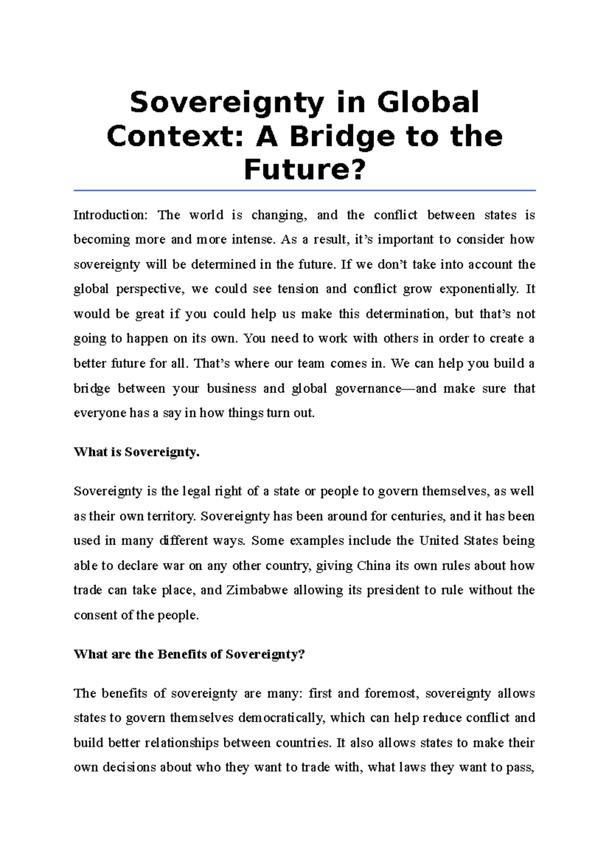 Sovereignty in Global Context, A Bridge to the Future - Sovereignty in ...