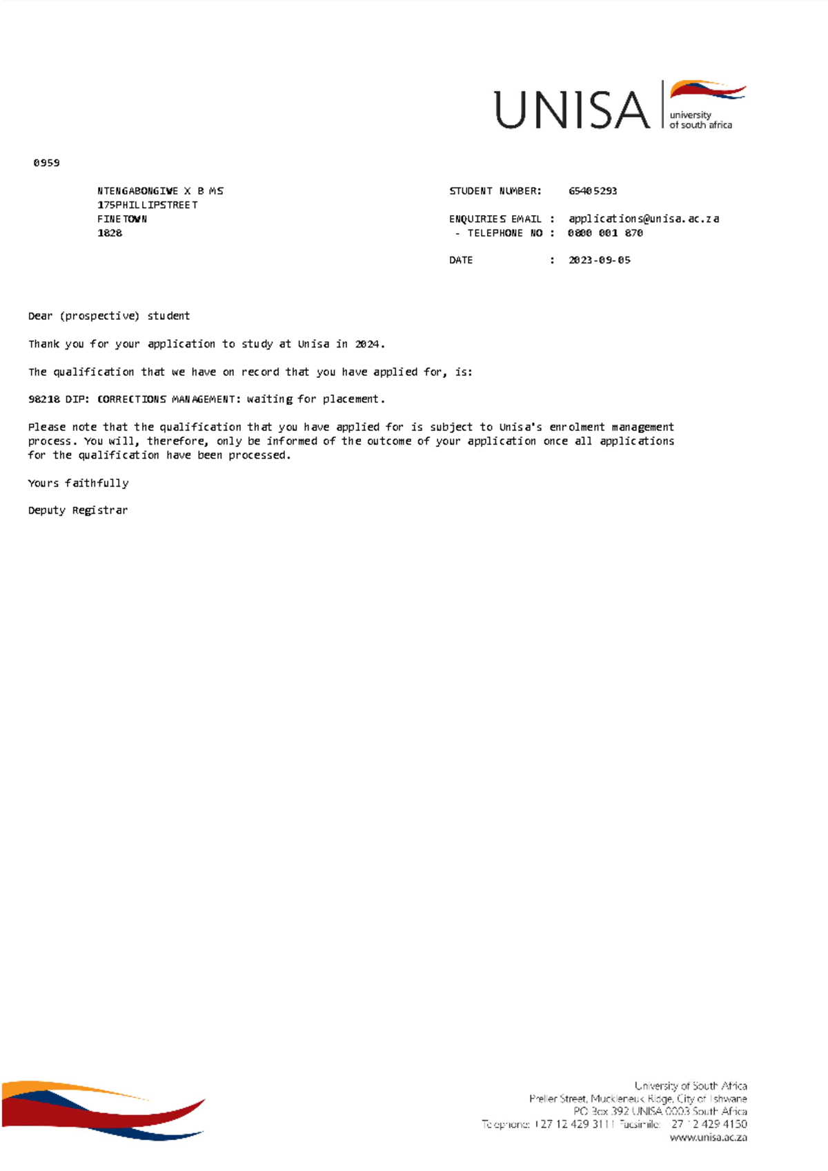 1693935432042 Unisa Application 65405293 - 0959 NTENGABONGIWE X B MS ...