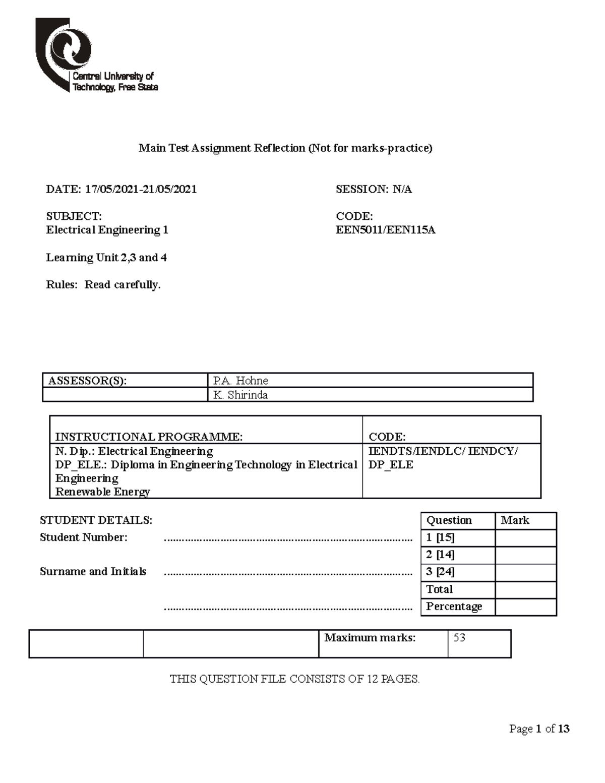 EEN115A EEN5011-Main Test Assignment Reflection Question-File - Main ...