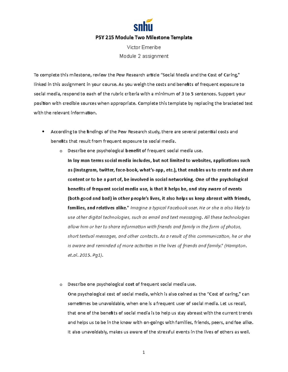 PSY 215Module Two Milestone Module 2 Assignment Victor Emeribe - PSY ...