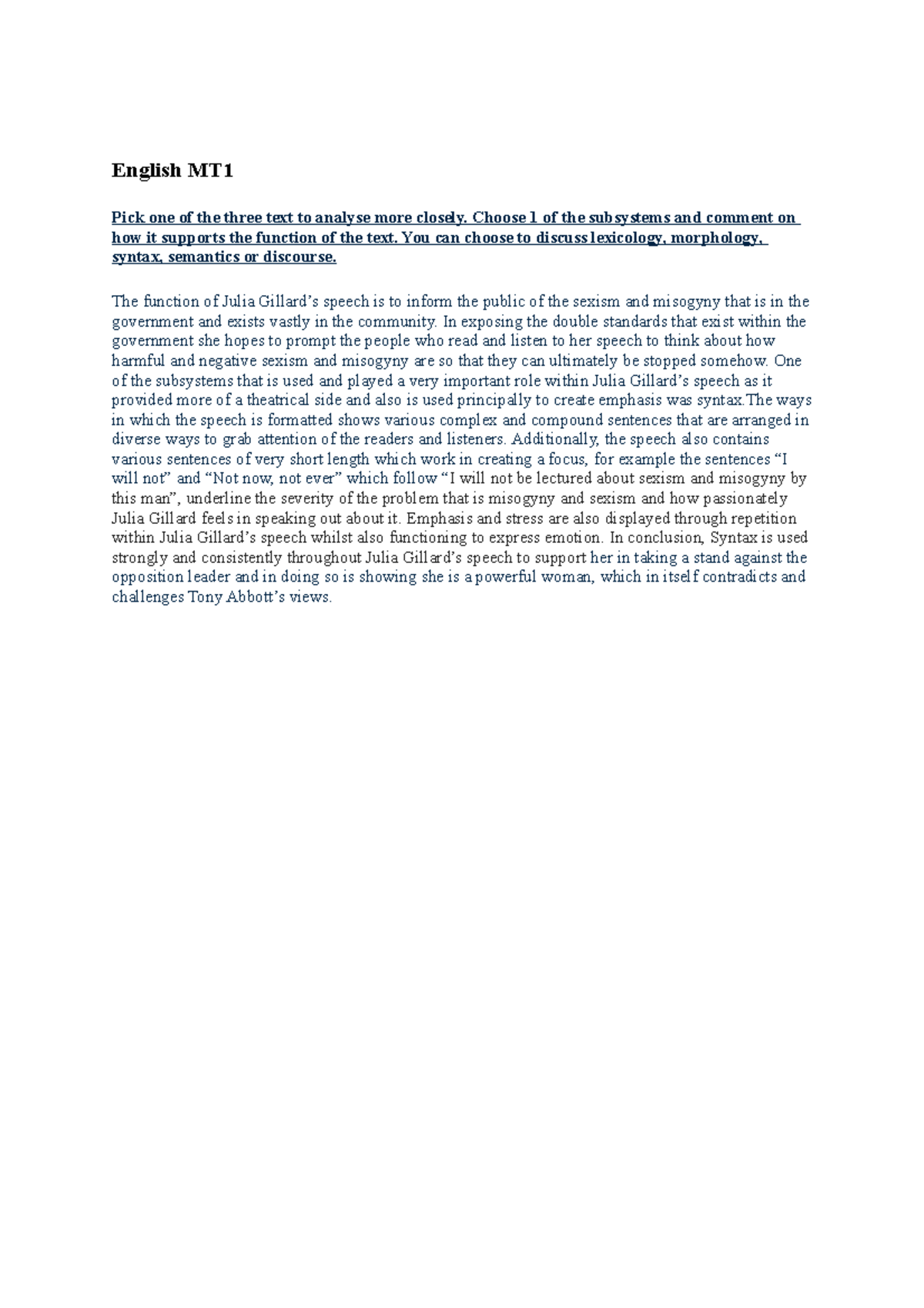 English language analysis - English MT Pick one of the three text to ...