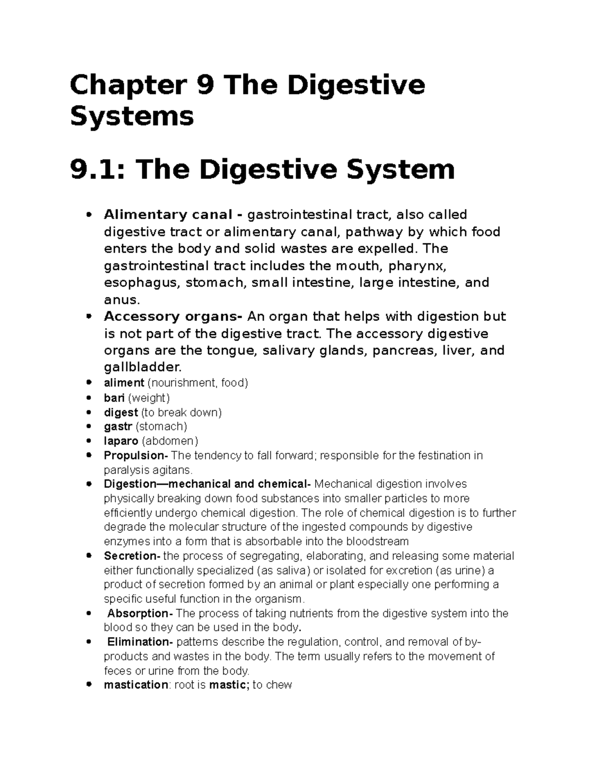Chatper 9 Med Term Notes - Chapter 9 The Digestive Systems 9: The ...