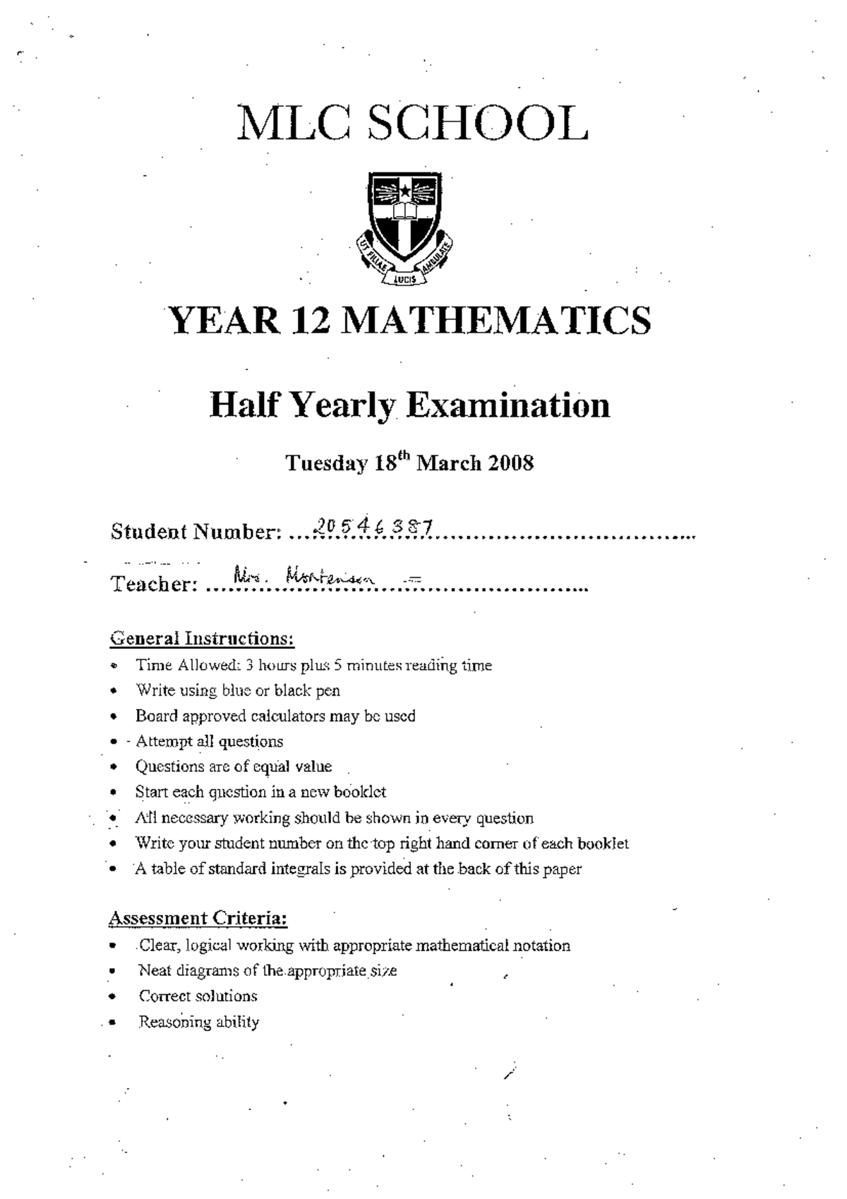 MLC 2008 2U HY - hello - MLC SCHOOL HOMELAND SAMPLE LUCIS YEAR 12 ...