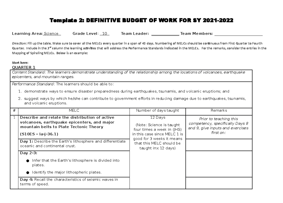Science 10 DBOW 2022 - 2023 - Template 2 : DEFINITIVE BUDGET OF WORK ...