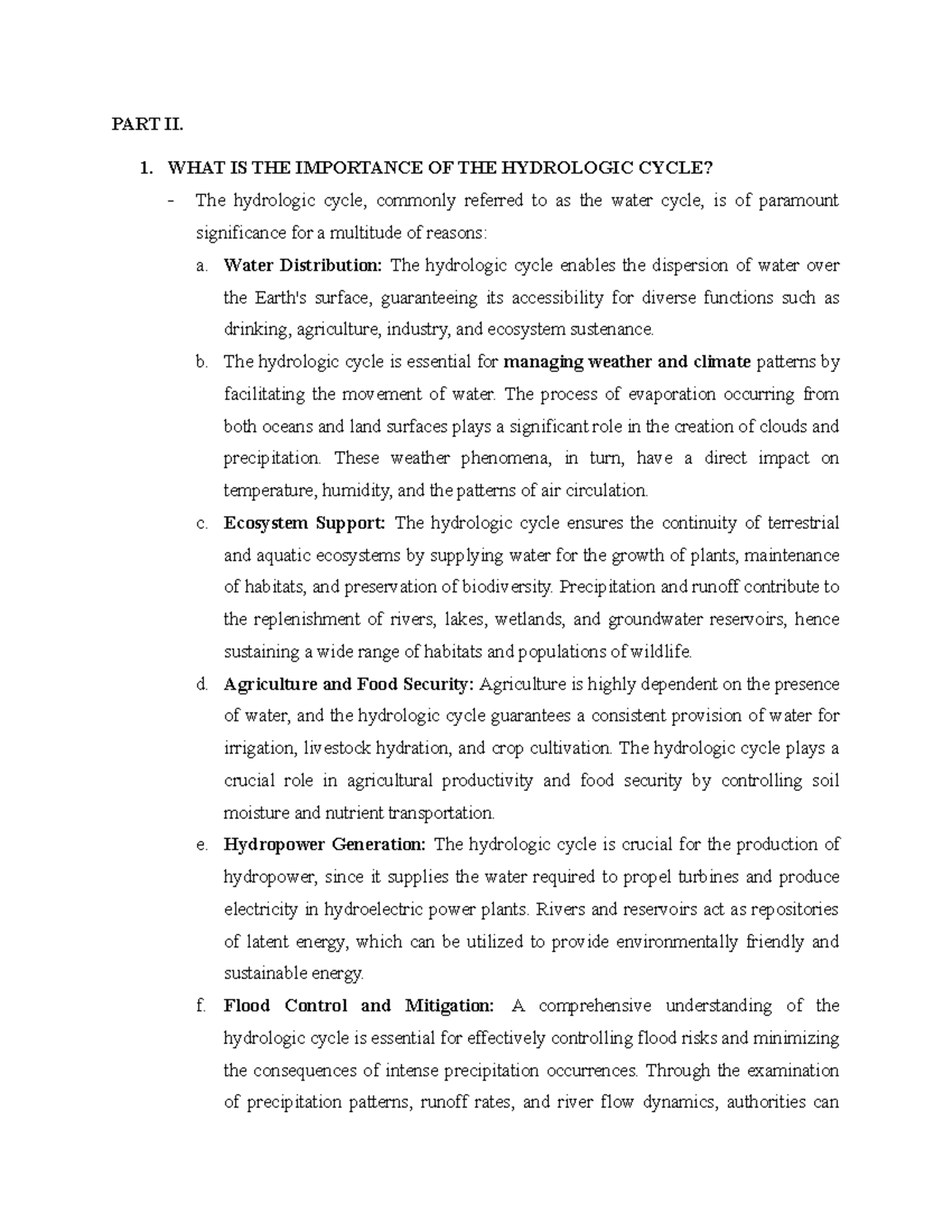 PART II - questions with answers - PART II. 1. WHAT IS THE IMPORTANCE OF THE HYDROLOGIC CYCLE ...
