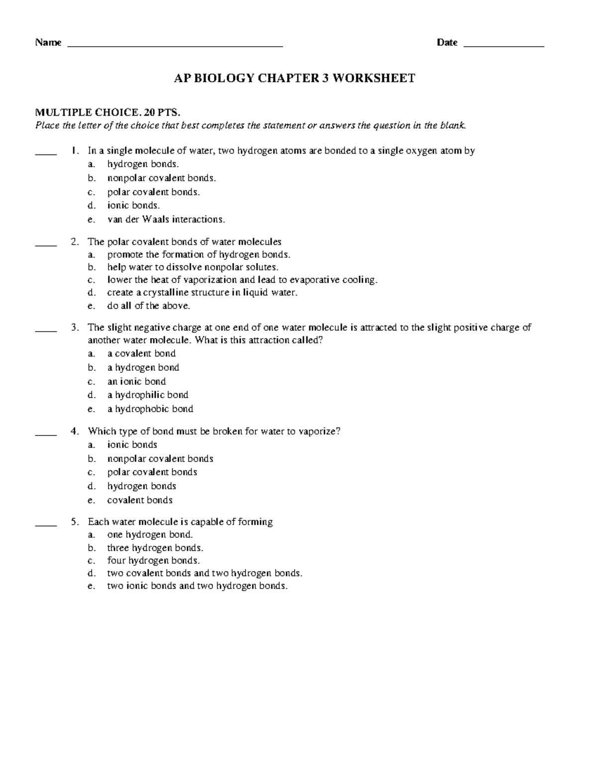 AP Biology Chapter 3 Worksheet 2015 - Name ...