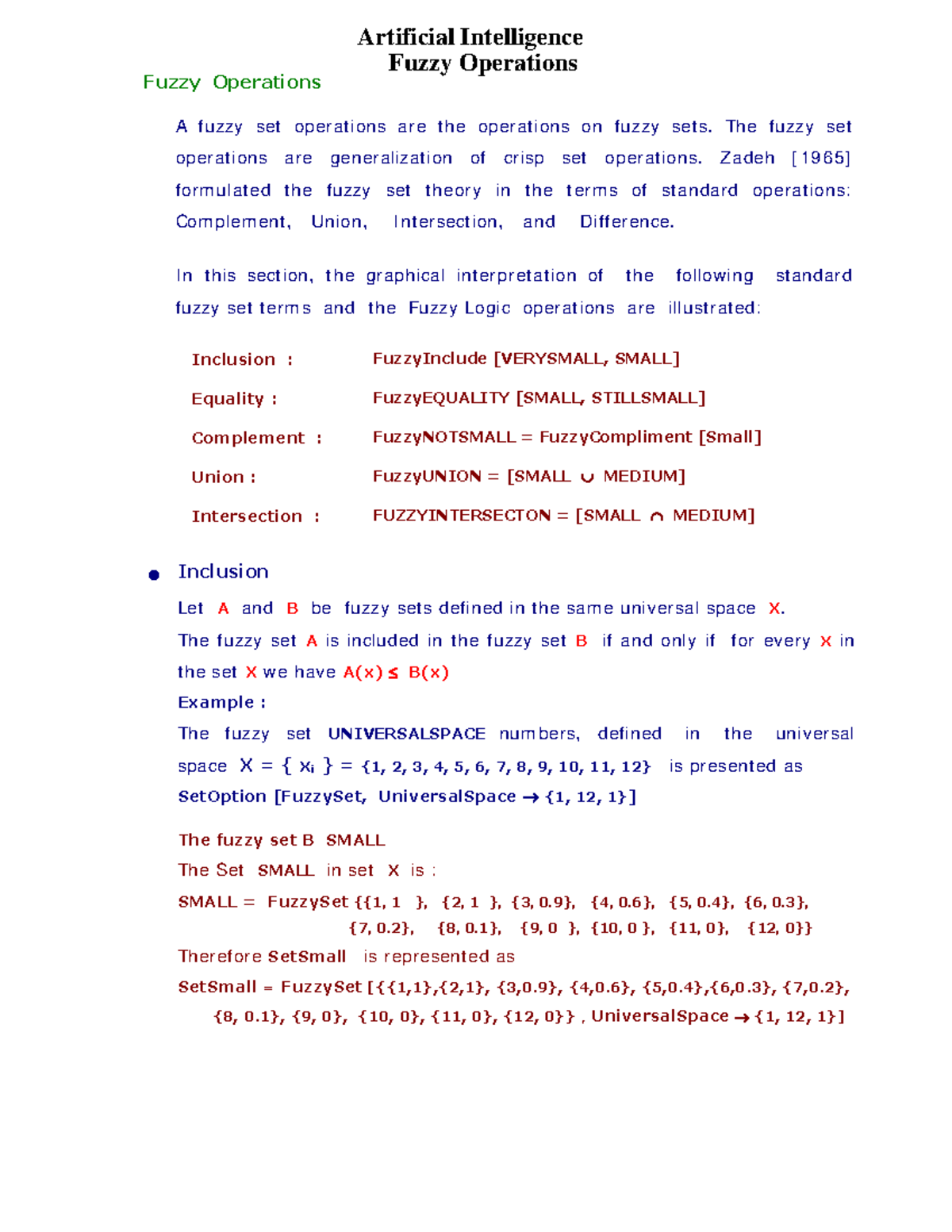 Artificial Intelligence Fuzzy Operations Fuzzy Operations A Fuzzy