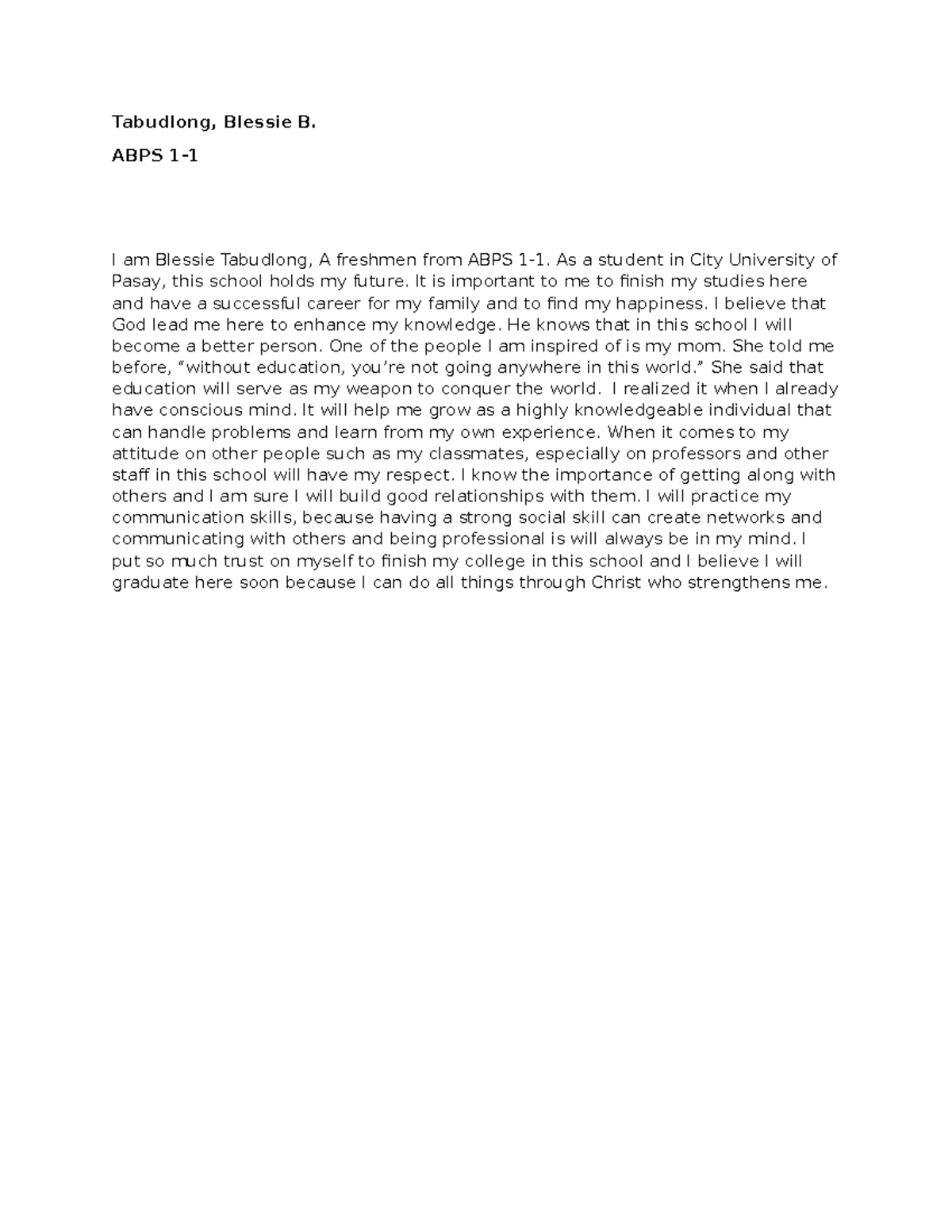 Tabudlong - nothing - Tabudlong, Blessie B. ABPS 1- I am Blessie ...