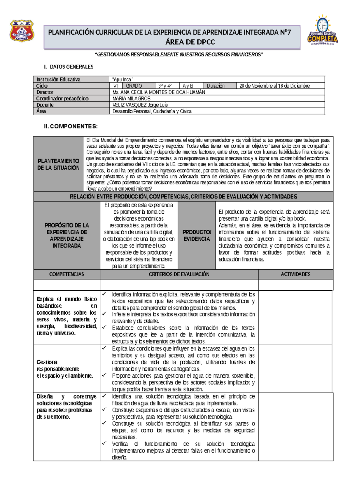 EDA 4 - dpcc3,4 dpcc - “GESTIONAMOS RESPONSABLEMENTE NUESTROS RECURSOS FINANCIEROS” I. DATOS ...