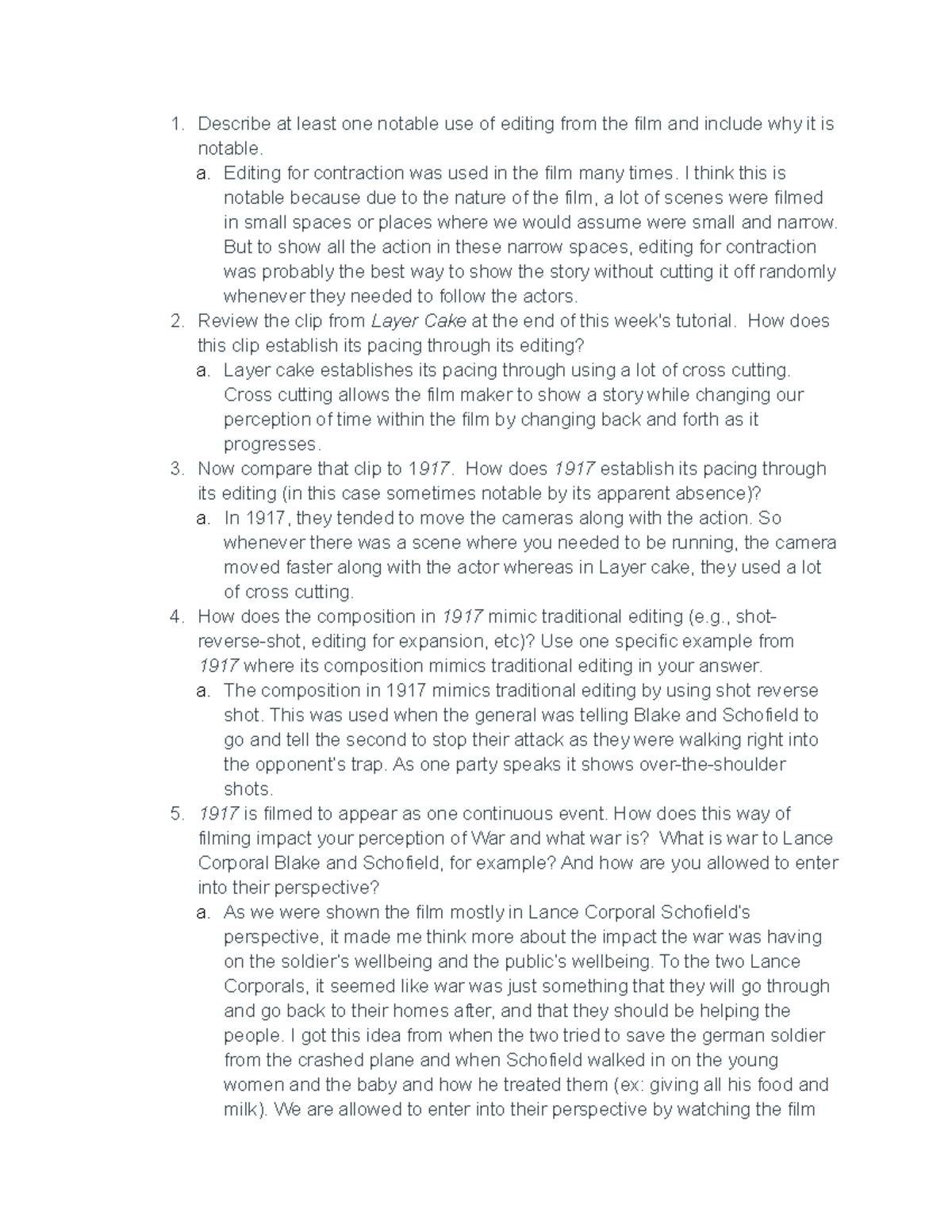 Film 1917 Review Questions - Describe at least one notable use of ...