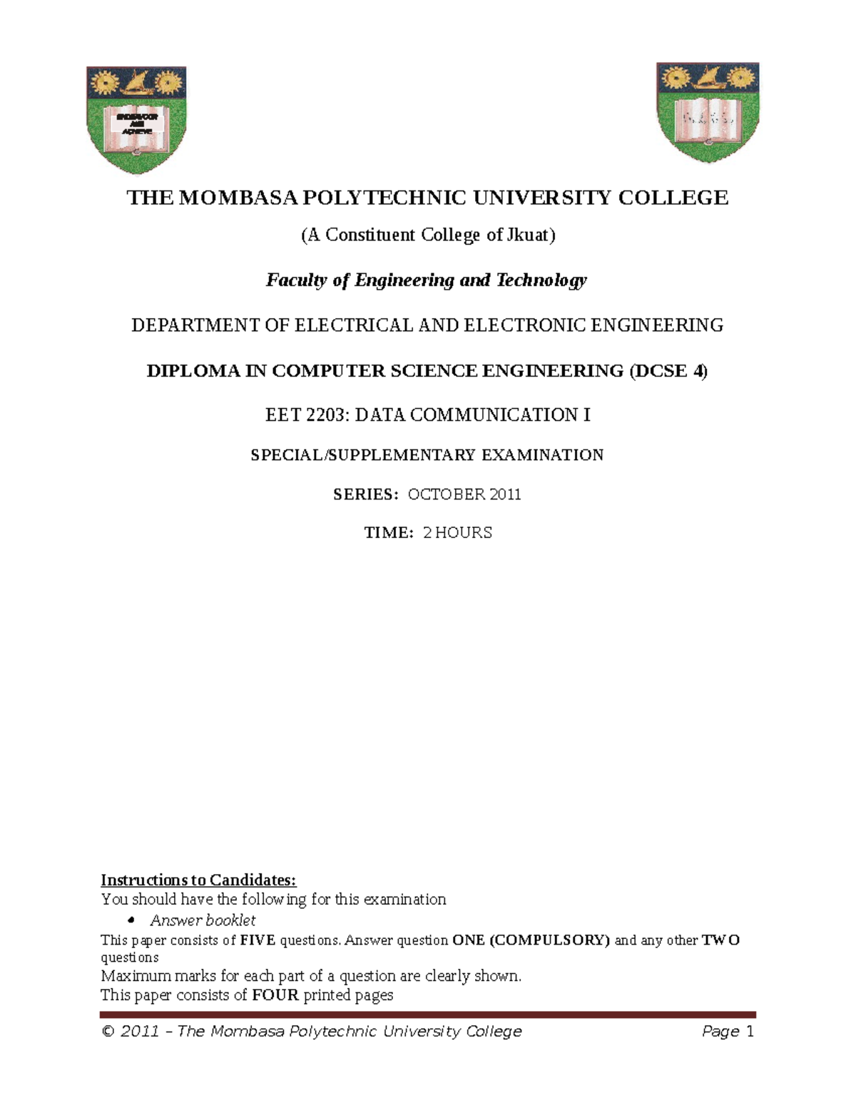 EET 2203 DATA Communications I - THE MOMBASA POLYTECHNIC UNIVERSITY ...