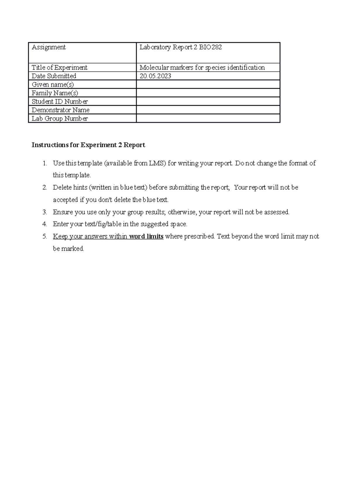 BIO282 lab report 2 - received HD mark - Assignment Laboratory Report 2 BIO Title of Experiment ...