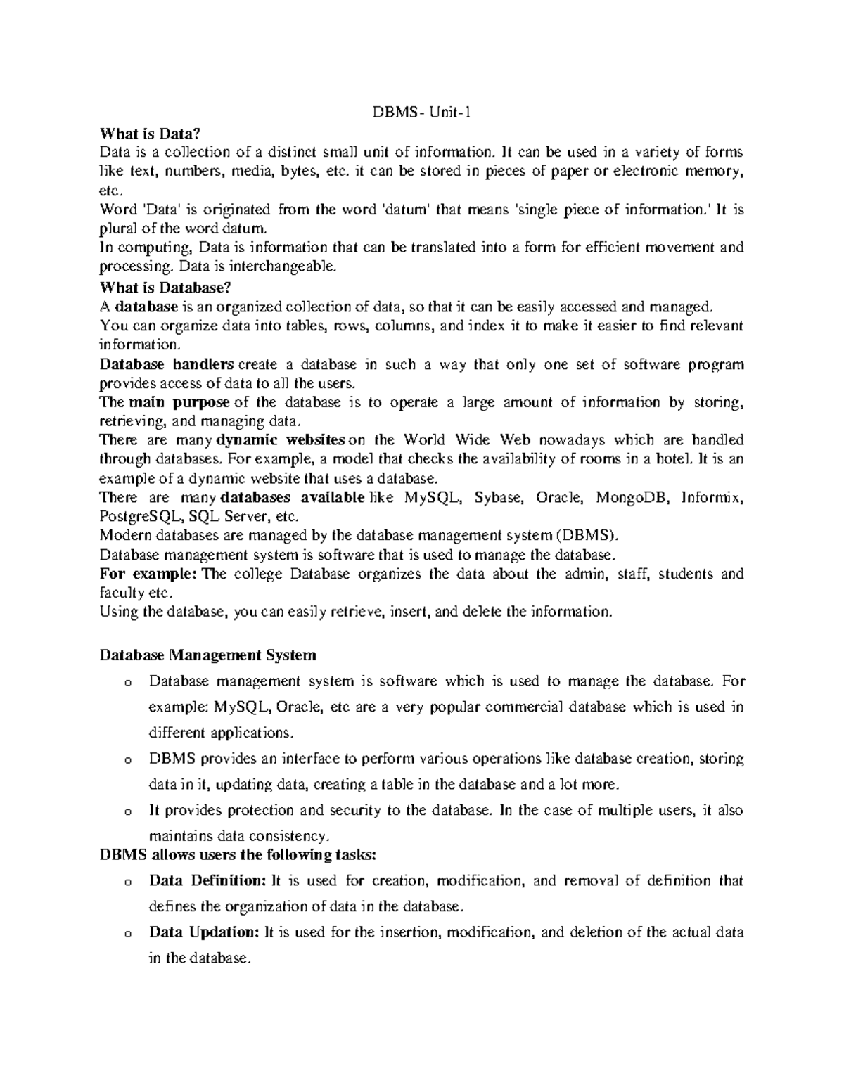 DBMS UNIT-I - DBMS- Unit- 1 What is Data? Data is a collection of a distinct small unit of - Studocu