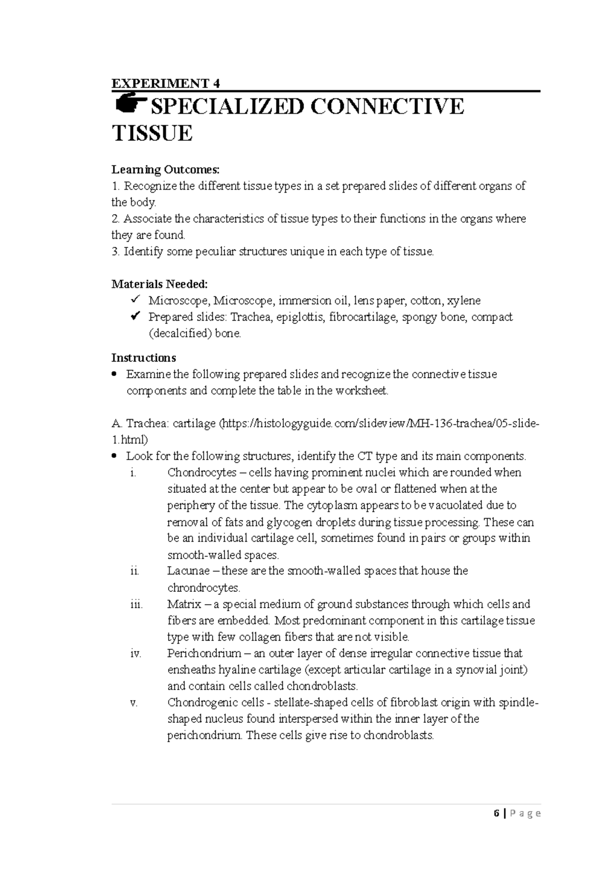 Histo Lab Manual 4 - EXPERIMENT 4 SPECIALIZED CONNECTIVE TISSUE ...