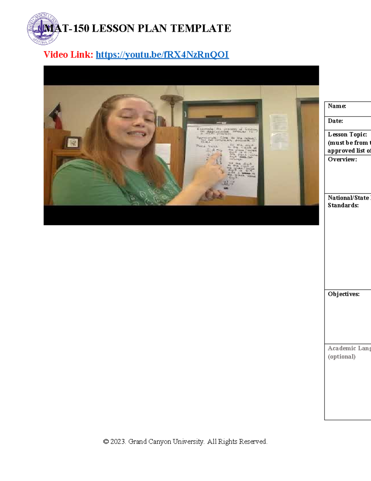 MAT-150 Lesson Plan Final Project - Video Link: youtu/fRX4NzRnQOI Name ...