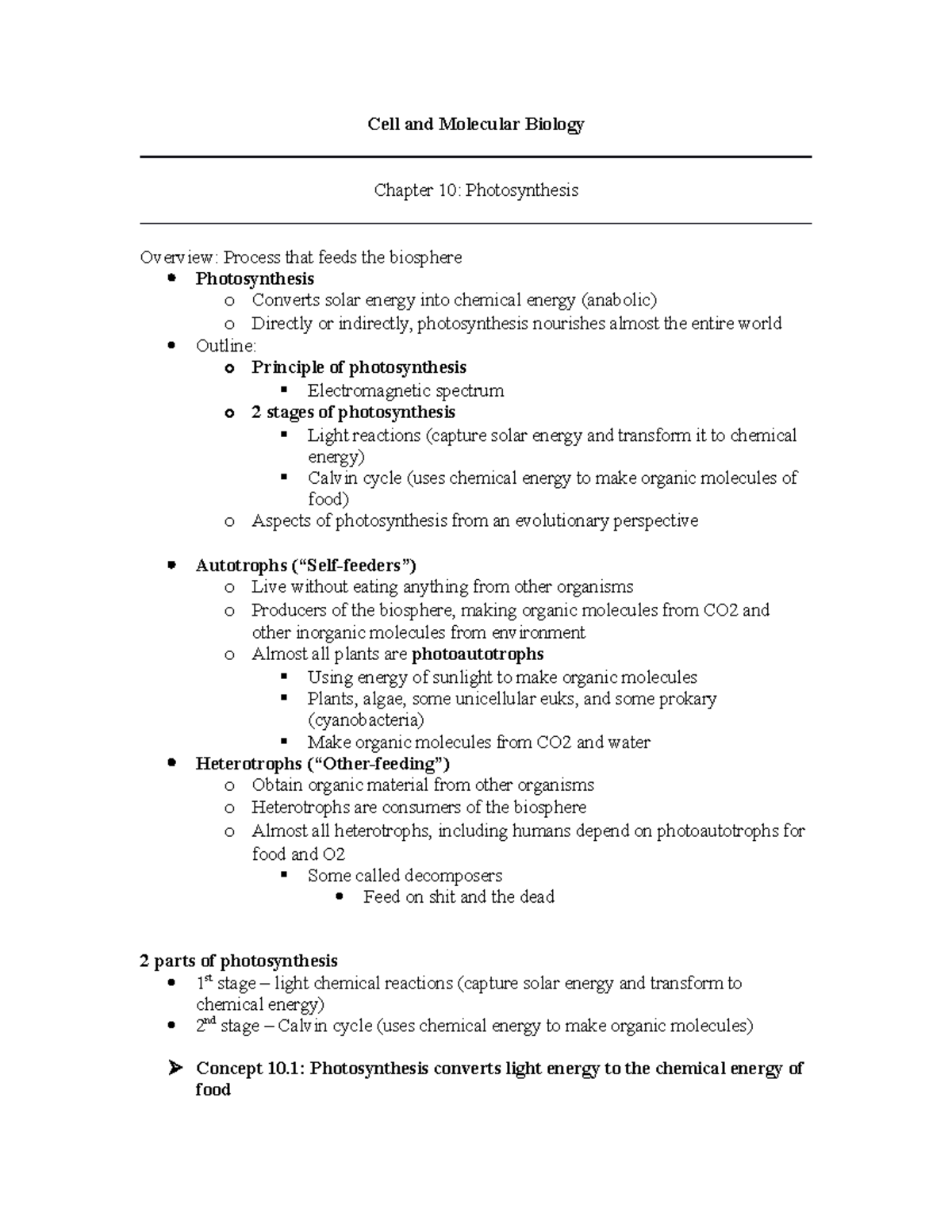 Ch.10 Photosynthesis - Dr. Clark - Cell and Molecular Biology Chapter ...