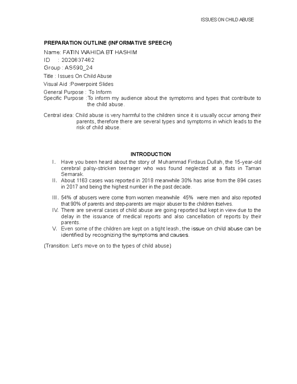 Speech outline (issues on child abuse) - ISSUES ON CHILD ABUSE ...