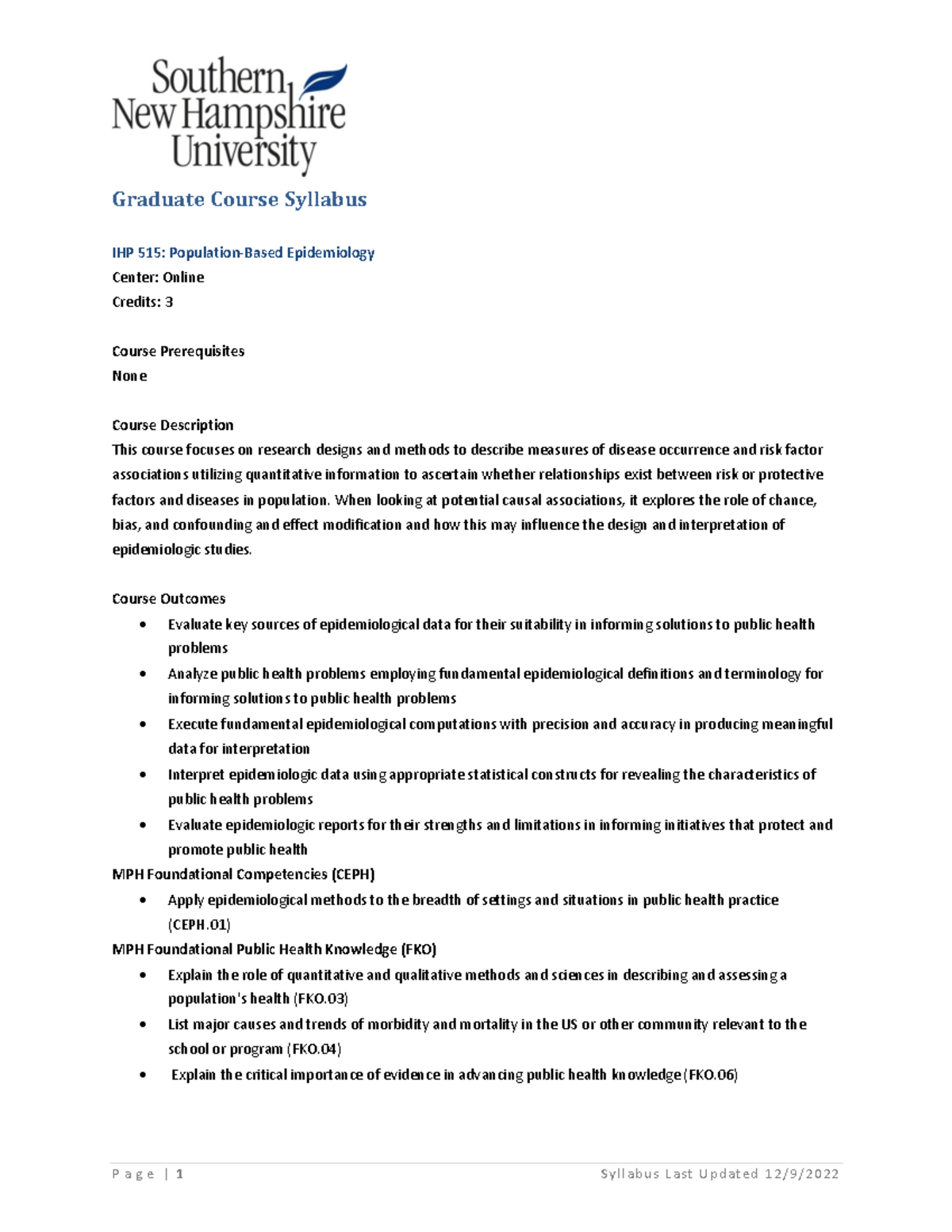 IHP 515 Syllabus-2 - yes - Graduate Course Syllabus IHP 515: Population ...