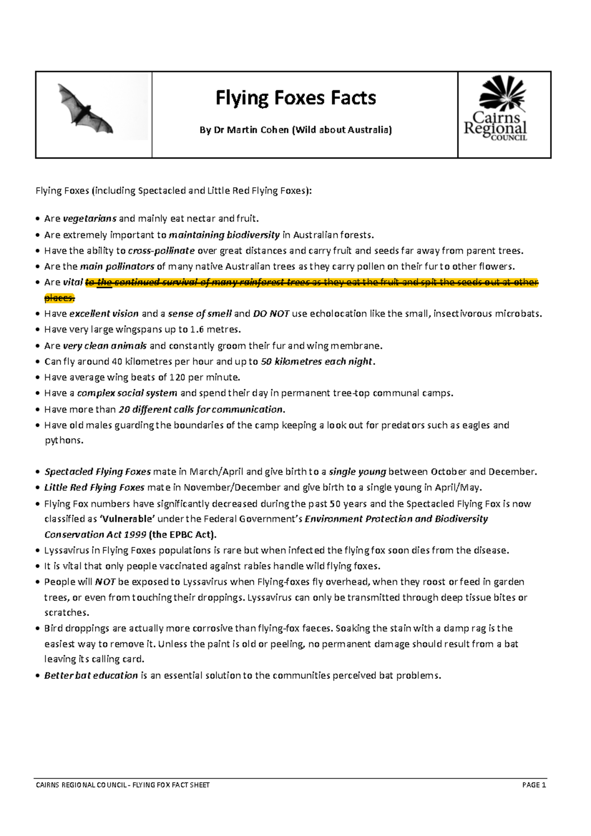 Flying Fox Fact Sheet - CAIRNS REGIONAL COUNCIL Ͳ FLYING FOX FACT SHEET ...