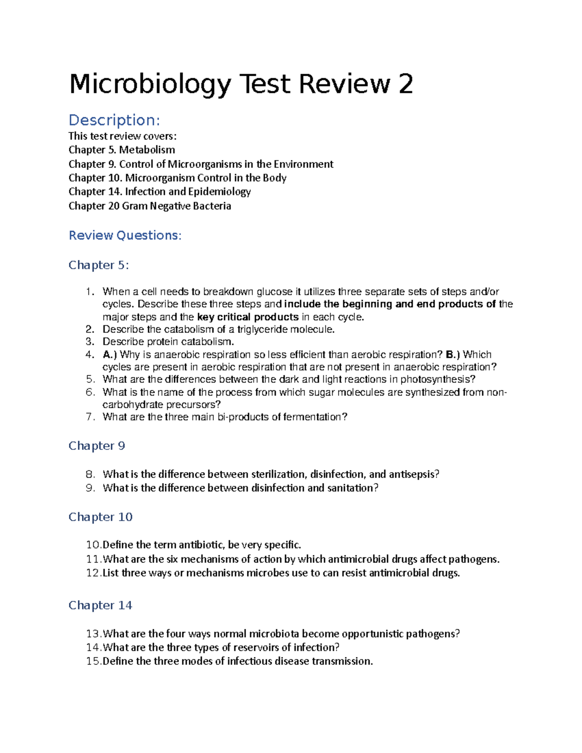 Microbiology Test Review 2 - Metabolism Chapter 9. Control of ...