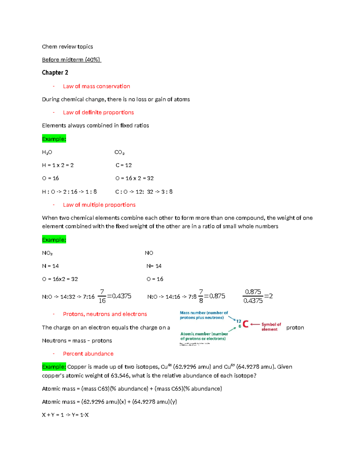 Chem exam topics - Summary Chemistry I - Chem review topics Before ...