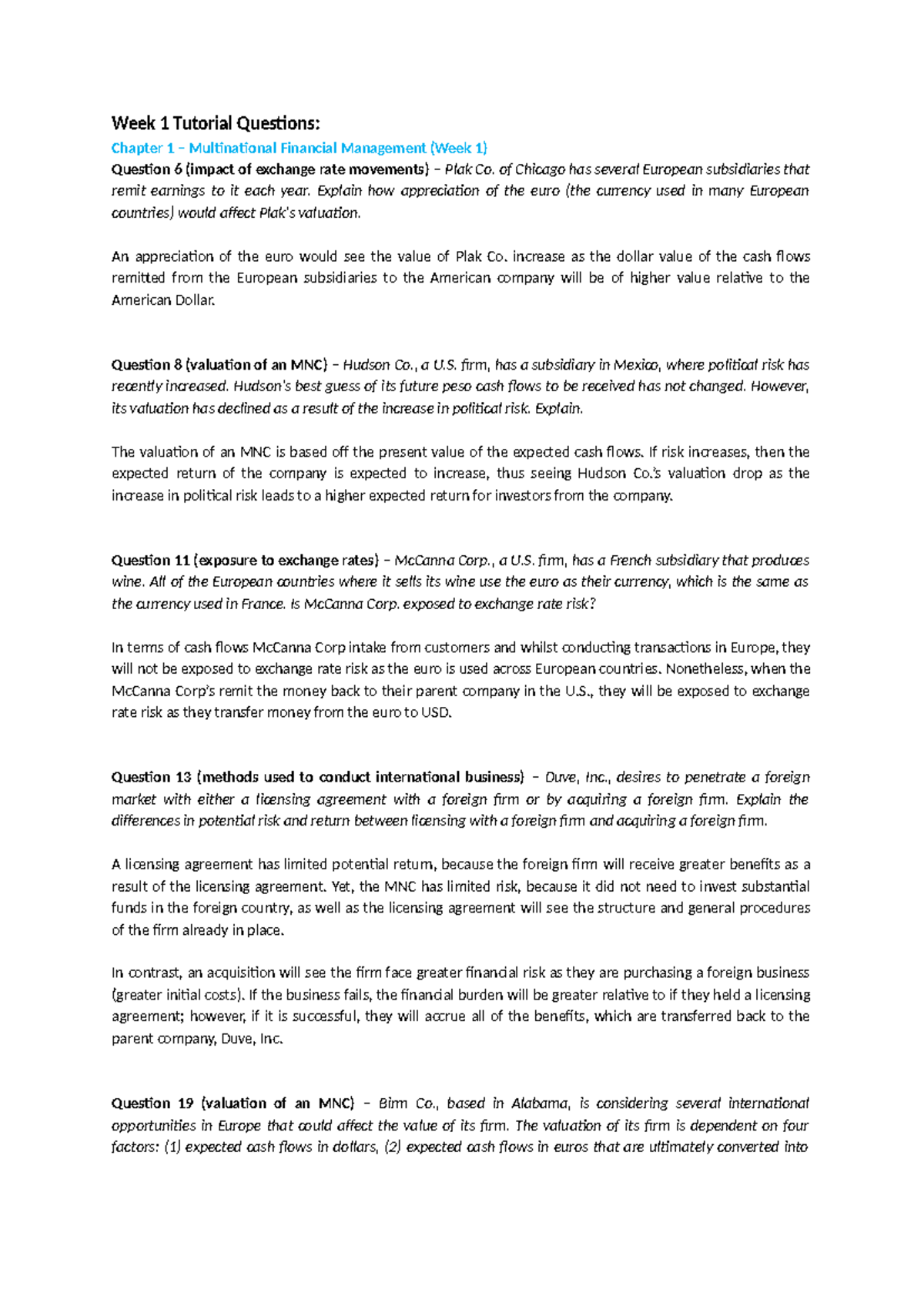 Tutorial Questions - Week 1 Tutorial Questions: Chapter 1 – Multinational Financial Management ...