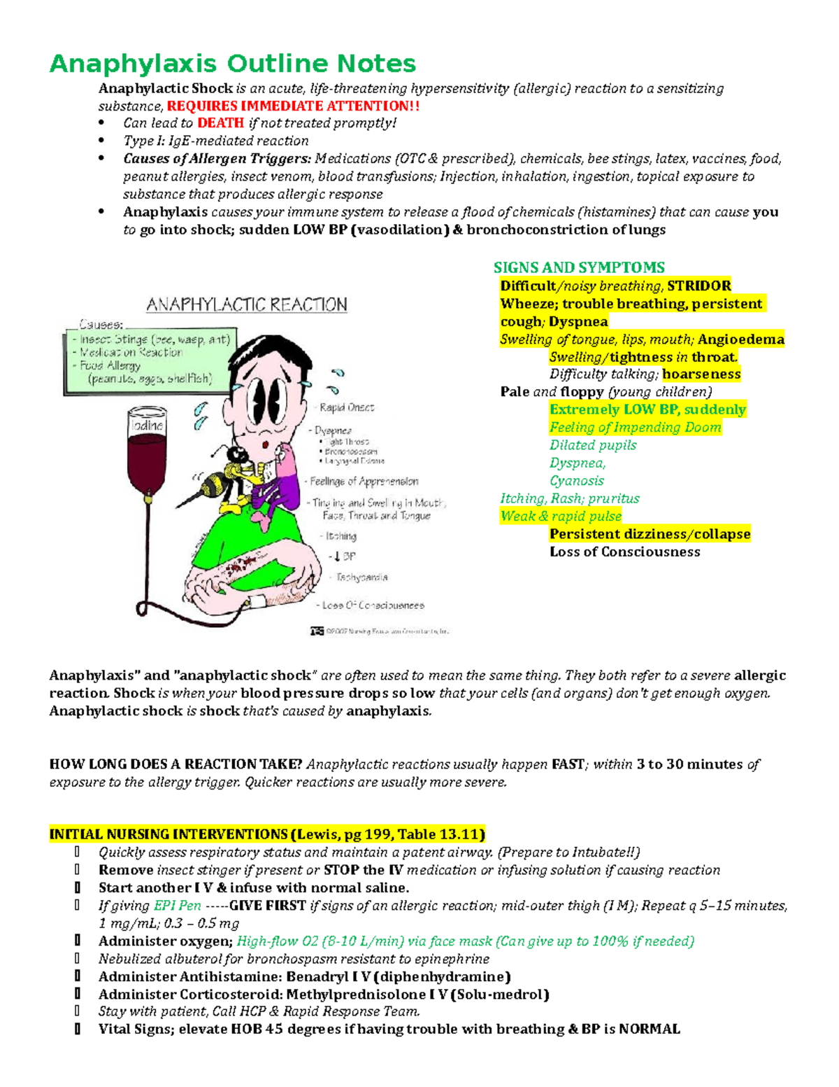 A Outline Notes Anaphylaxis-2 - Anaphylaxis Outline Notes Anaphylactic ...