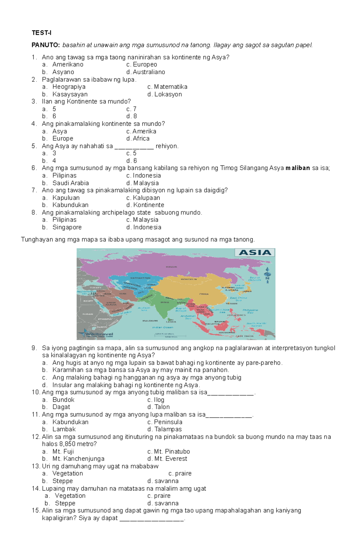 Arpan 7-Q1 - SUMMATIVE EXAM - TEST-I PANUTO: basahin at unawain ang mga ...