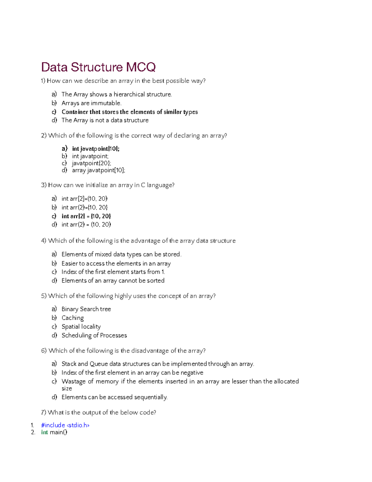 Data Strustures MCQ sample with answerkey - Data Structure MCQ 1) How ...