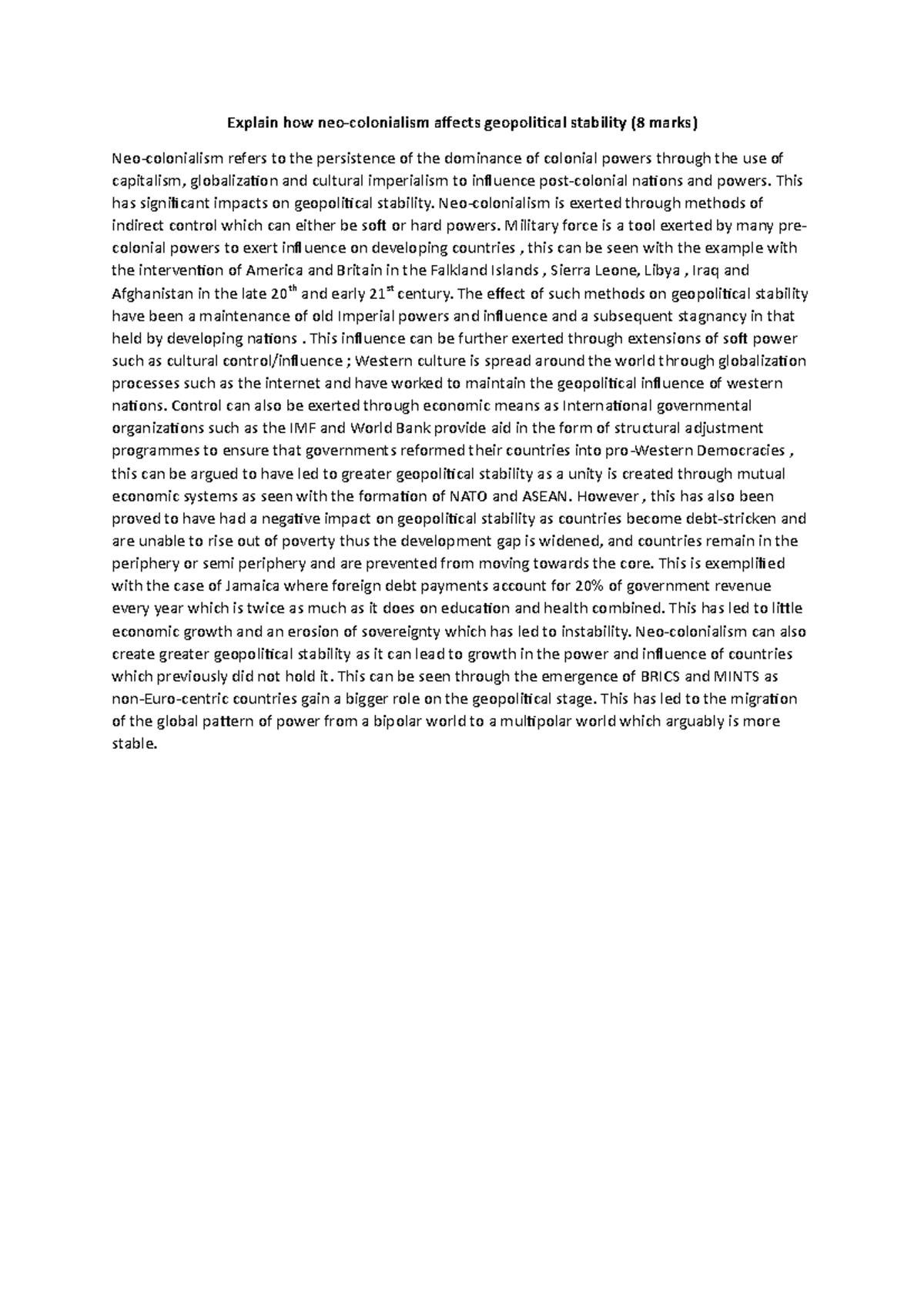 Neo-colonialism geography prep - Explain how neo-colonialism affects ...