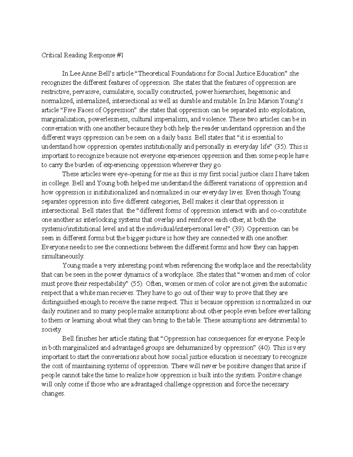 CRR week 2 - EDUC 210 - Critical Reading Response # In Lee Anne Bell’s ...