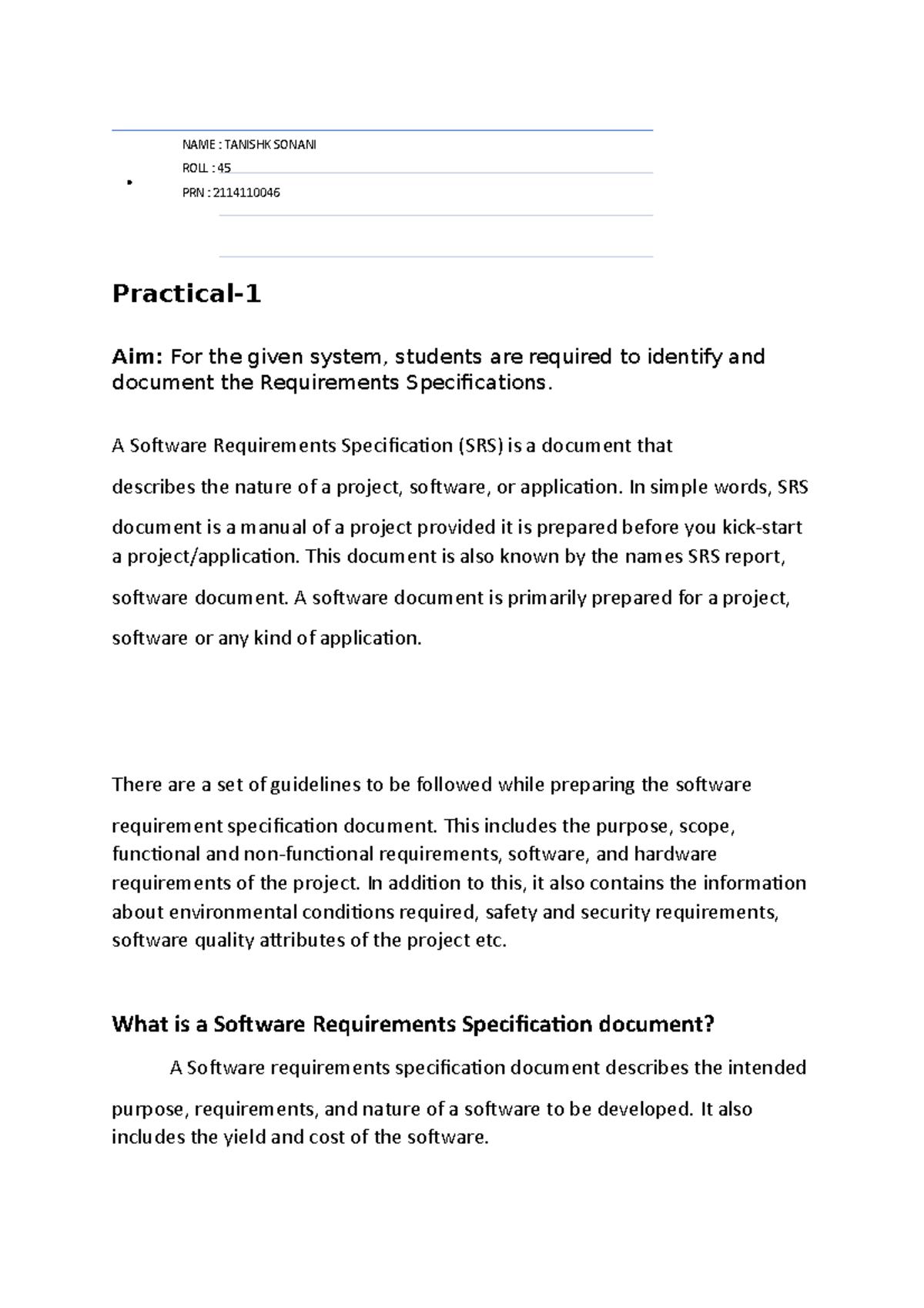Practica 1 - Practical- Aim: For the given system, students are required to identify and ...